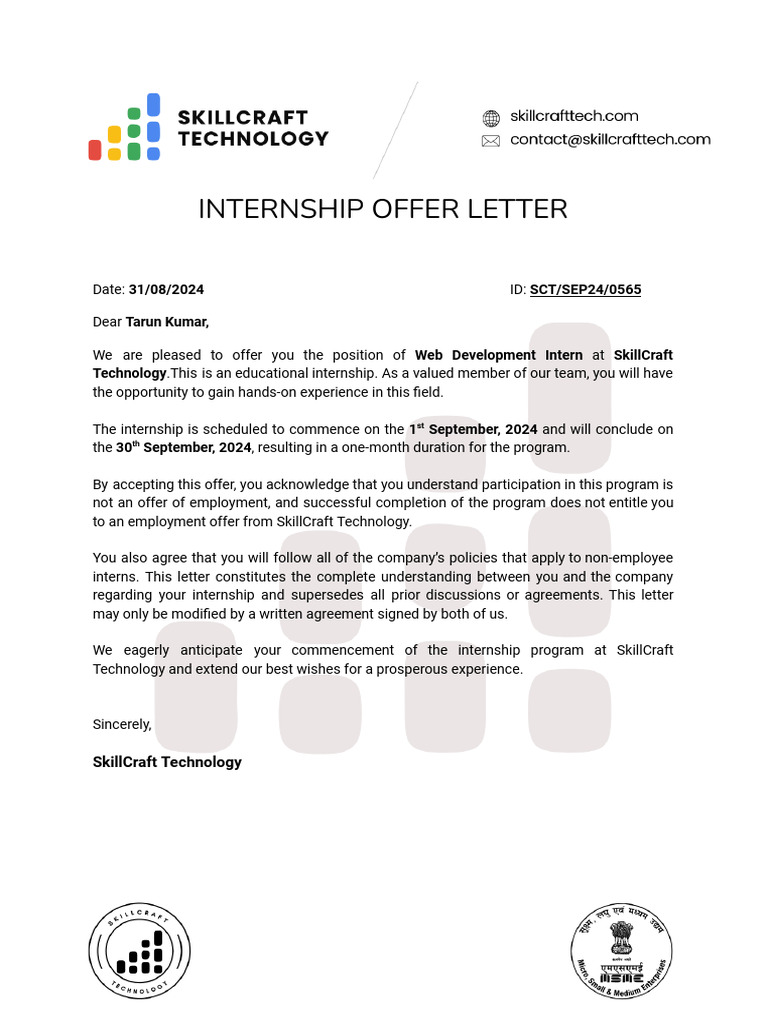 Web Development Internship Offer Letter | PDF | Career & Growth