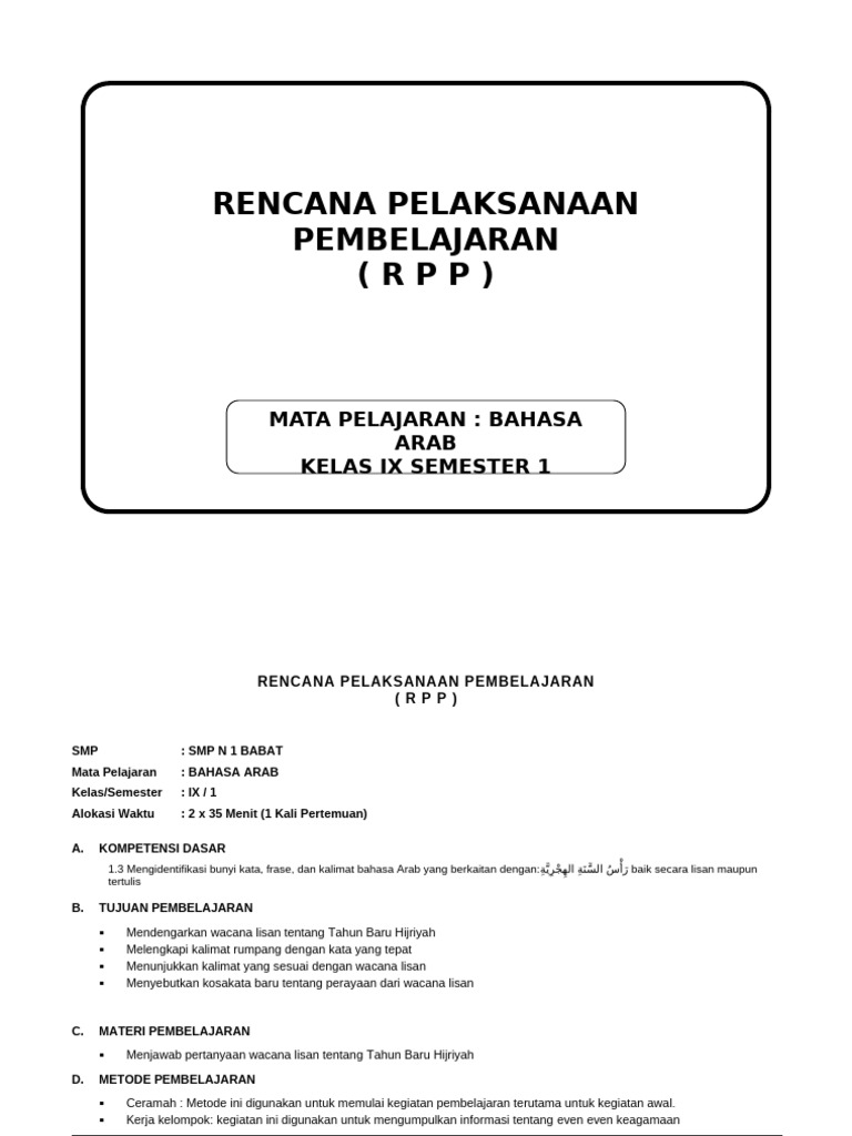 RPP Bahasa Arab Kls IX | PDF