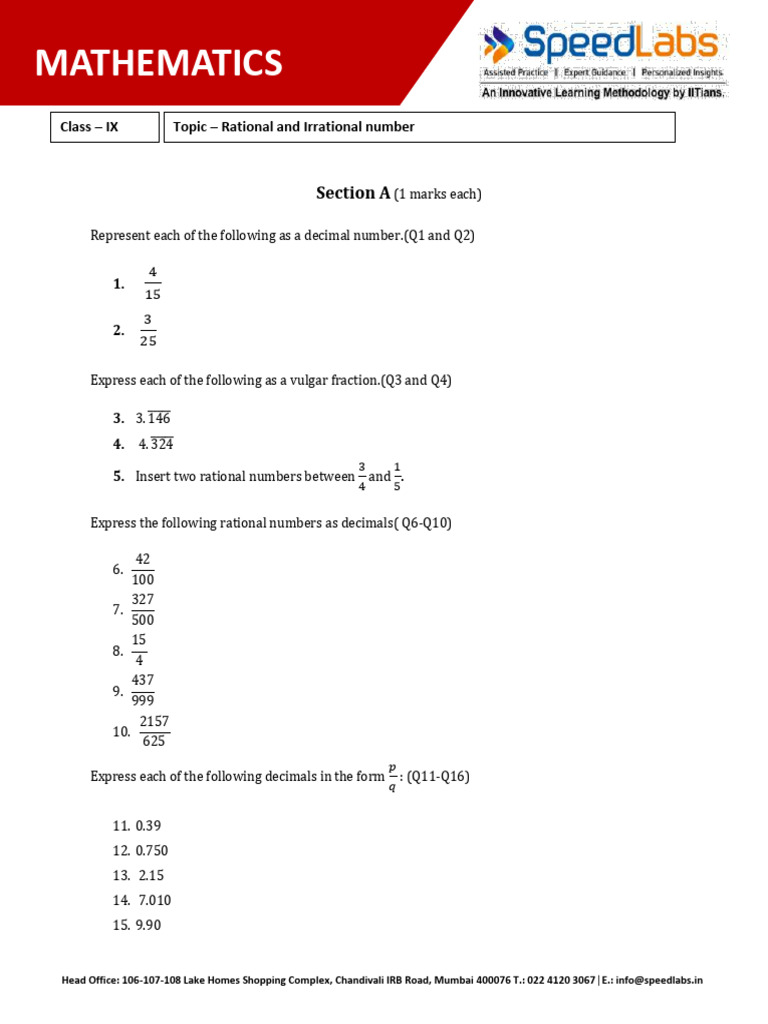 Rational and Irrational Number Important Qs Important Questions ...