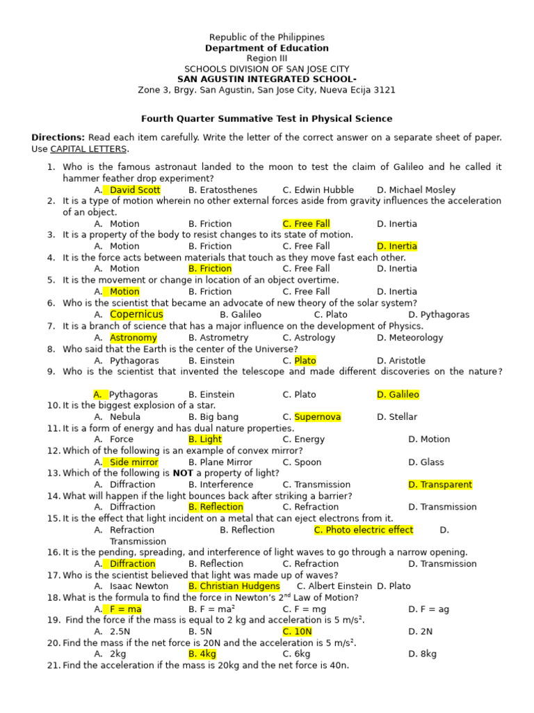 4TH Quarter Exam Physical Science | PDF