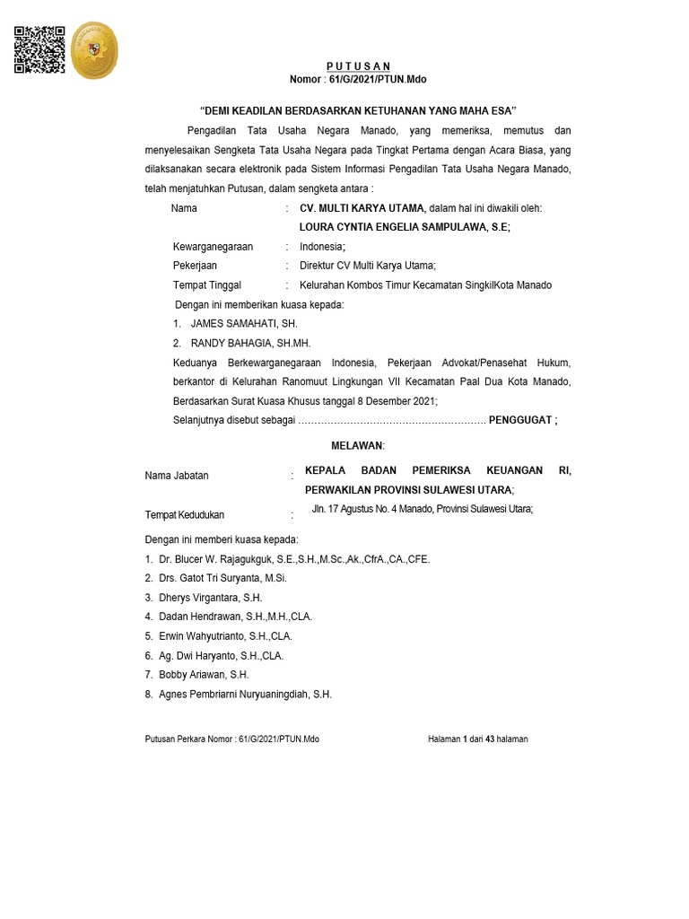 Putusan 61 G 2021 Ptun - Mdo 20240808100039 | PDF