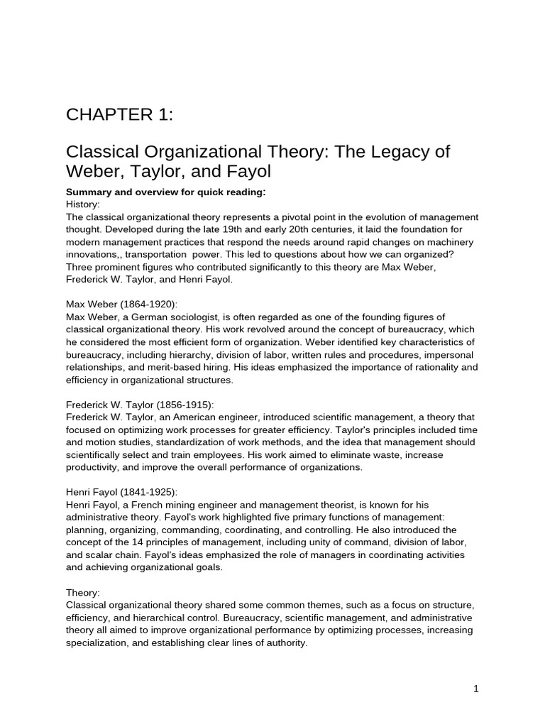 Classical Organizational Theory The Legacy of Weber, Taylor, and Fayol ...