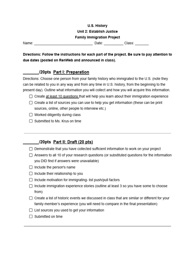 U.S. History Unit 2 Family Immigration Project Rubric | PDF
