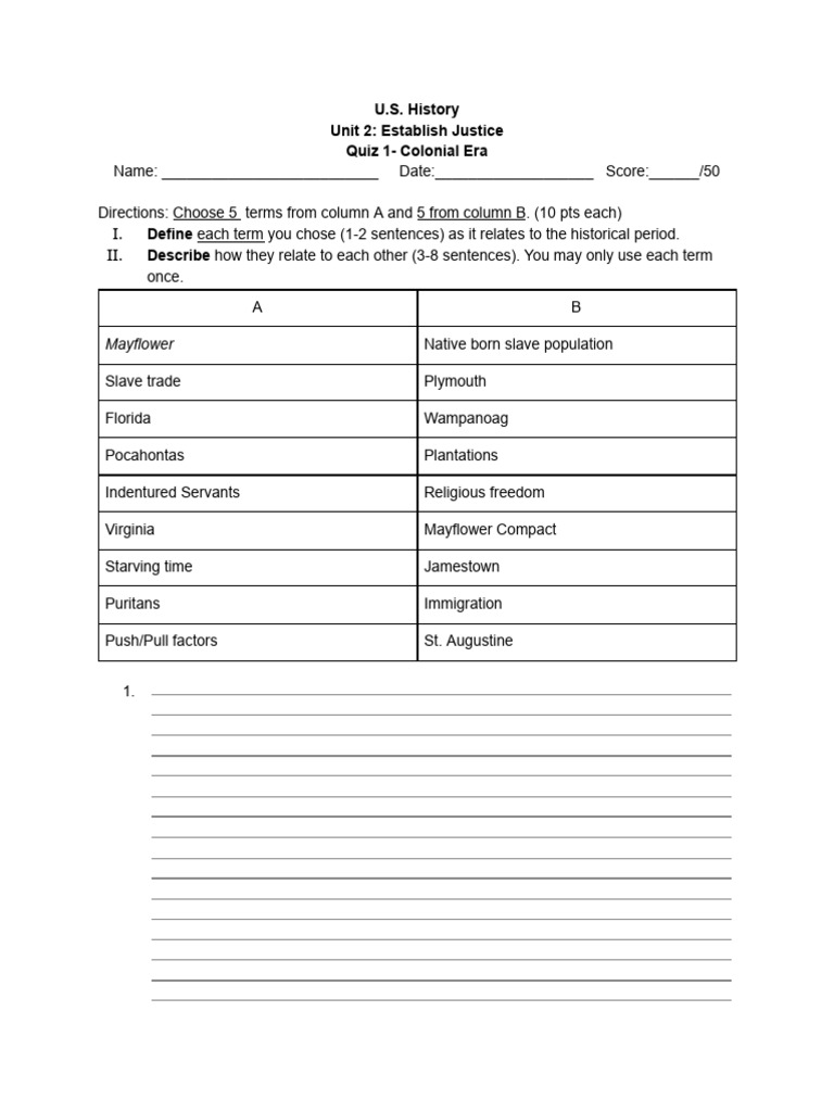 U.S. History Unit 2 Quiz 1 | PDF