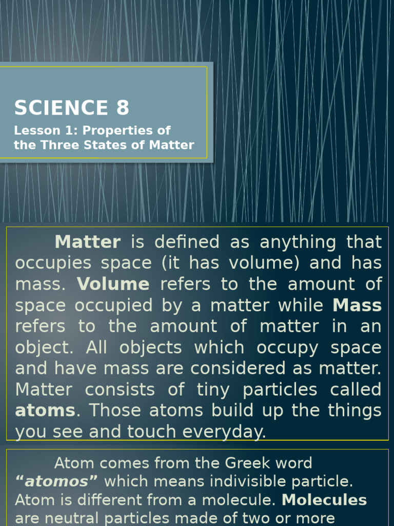 QUARTER 3 SCIENCE 8 LESSON 1 Properties of The Three States of Matter | PDF