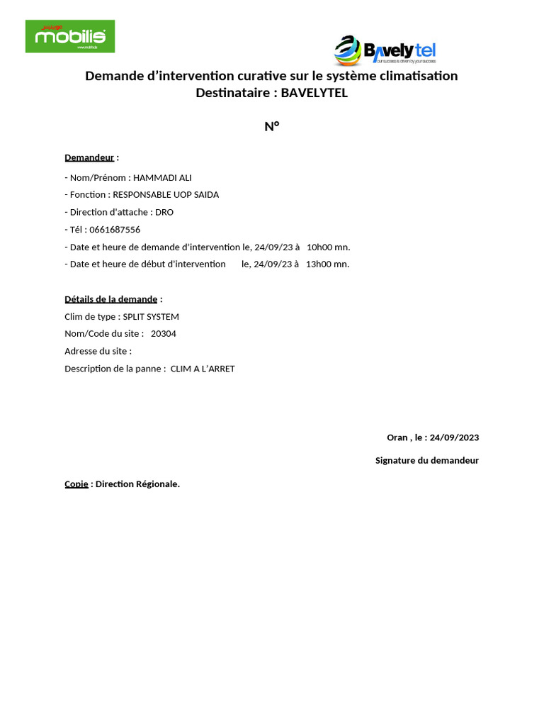 Demande D'intervention Curative Sur Le Système Climatisation Destinataire: BAVELYTEL N° | PDF