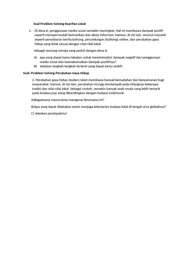 Soal Problem Solving Kearifan Lokal. 2024 | PDF