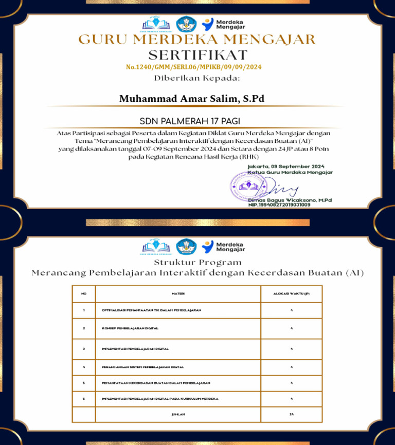 Muhammad Amar Salim, S.PD E-SERTIFIKAT DIKLAT GMM SERI-06 SDN PALMERAH 17 PAGI | PDF