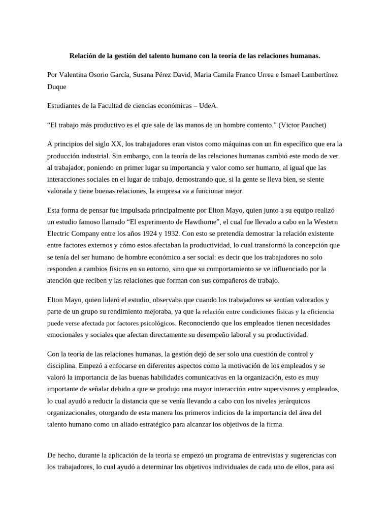 Teoría de Las Relaciones Humanas | PDF