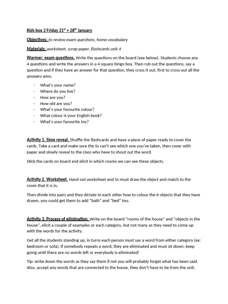 Kids Box 2 Lesson Plan Unit 4 | PDF