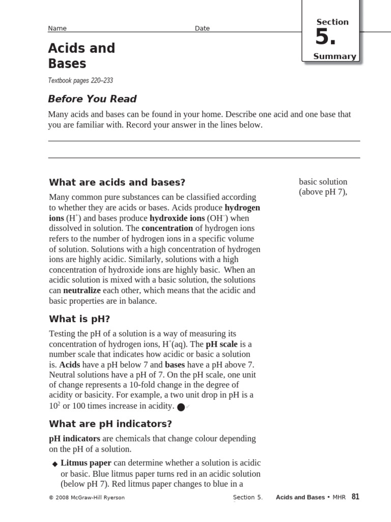Acids and Base Worksheet | PDF