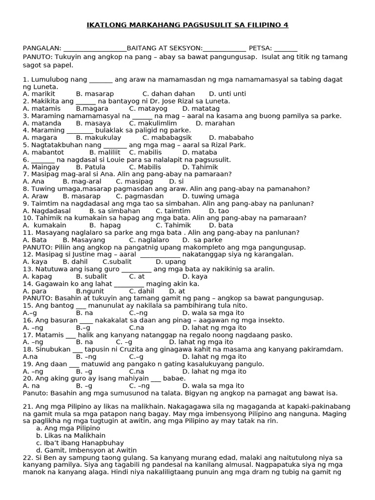Ikatlong Markahang Pagsusulit Sa Filipino 4 2023 | PDF | Philippines