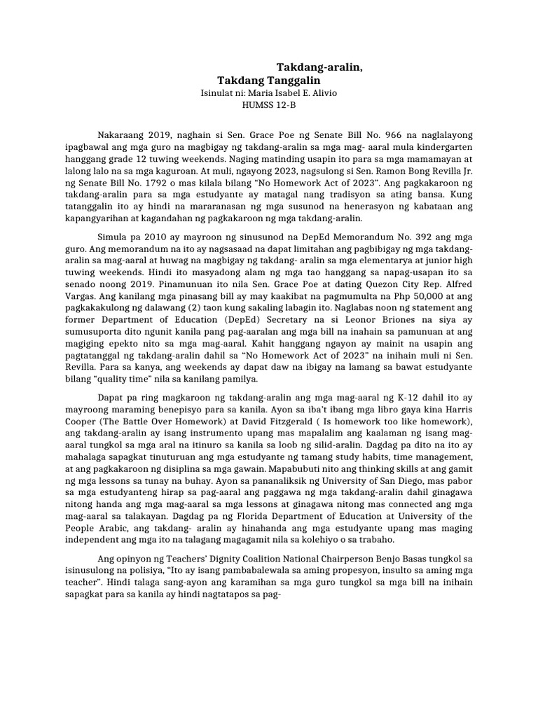 Posisyong Papel Takdang-Aralin, Takdang Tanggalin | PDF