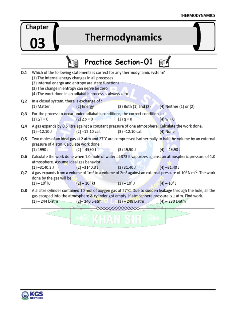 Thermodynamics Practice Questions | PDF | Gases | Entropy