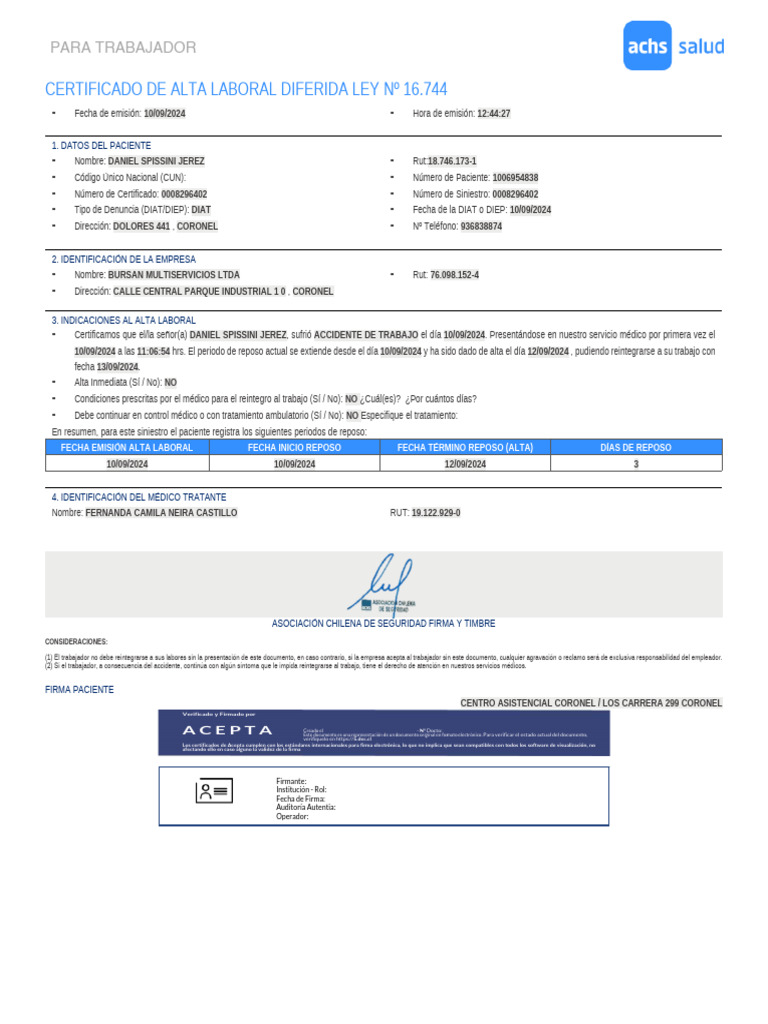 Certificado de Alta Laboral Diferida Ley #16.744 | PDF