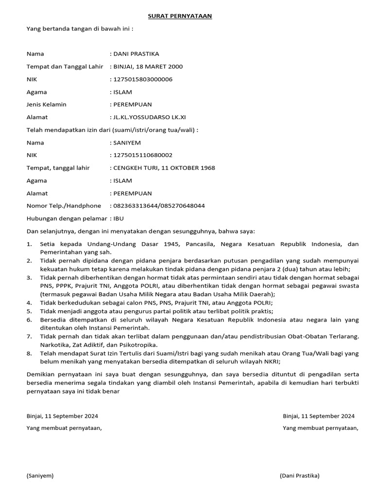 Surat Pernyataan Dani 2 | PDF