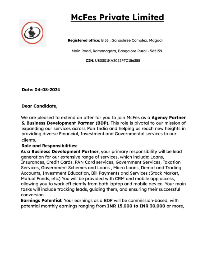 Offer Letter For Agency Partner or BDP at McFes - August 5th | PDF