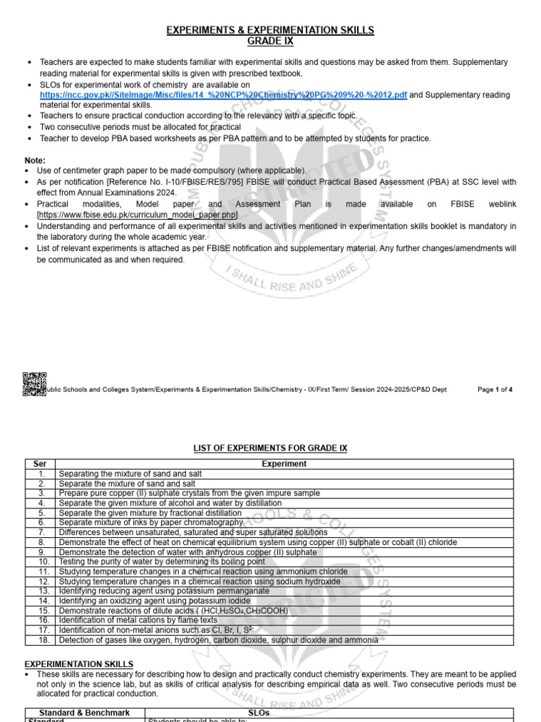 List of Experiments Chemistry - First Term_Class 9 | PDF