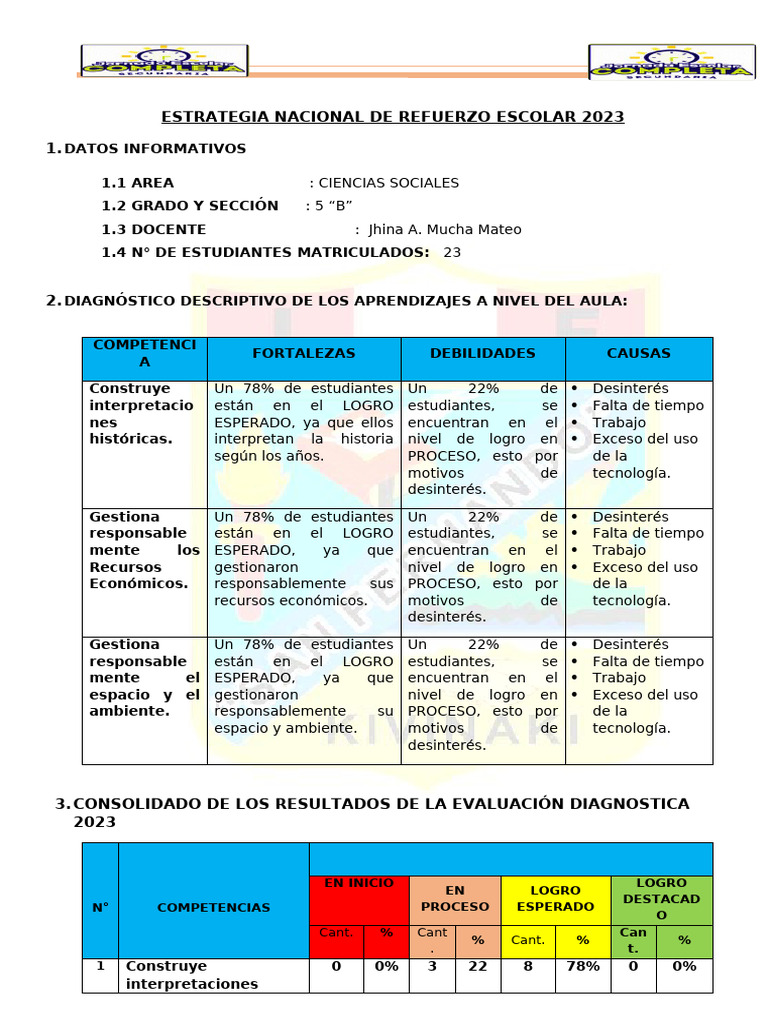 PLAN DE REFUERZO - 5° B | PDF