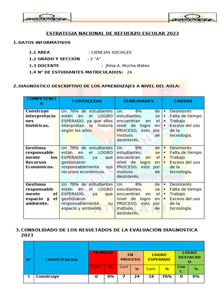 Plan de Refuerzo - 2° A | PDF