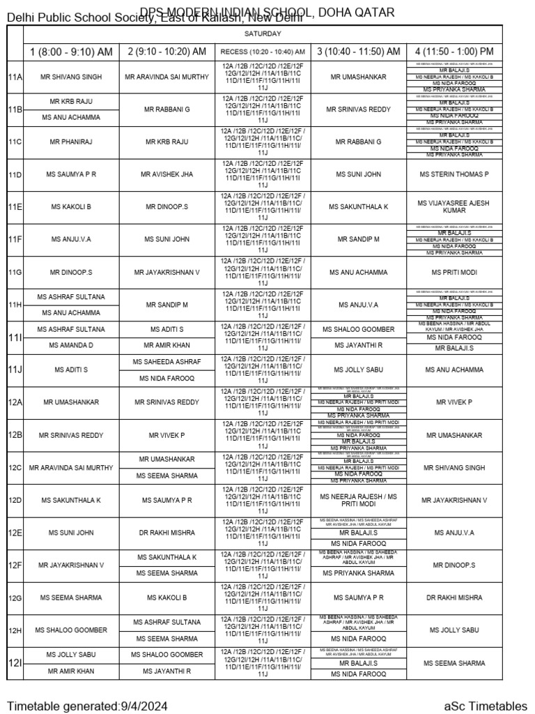 Saturday Class Time Table For Classes Xi-Xi (2024-25) - 1 | PDF