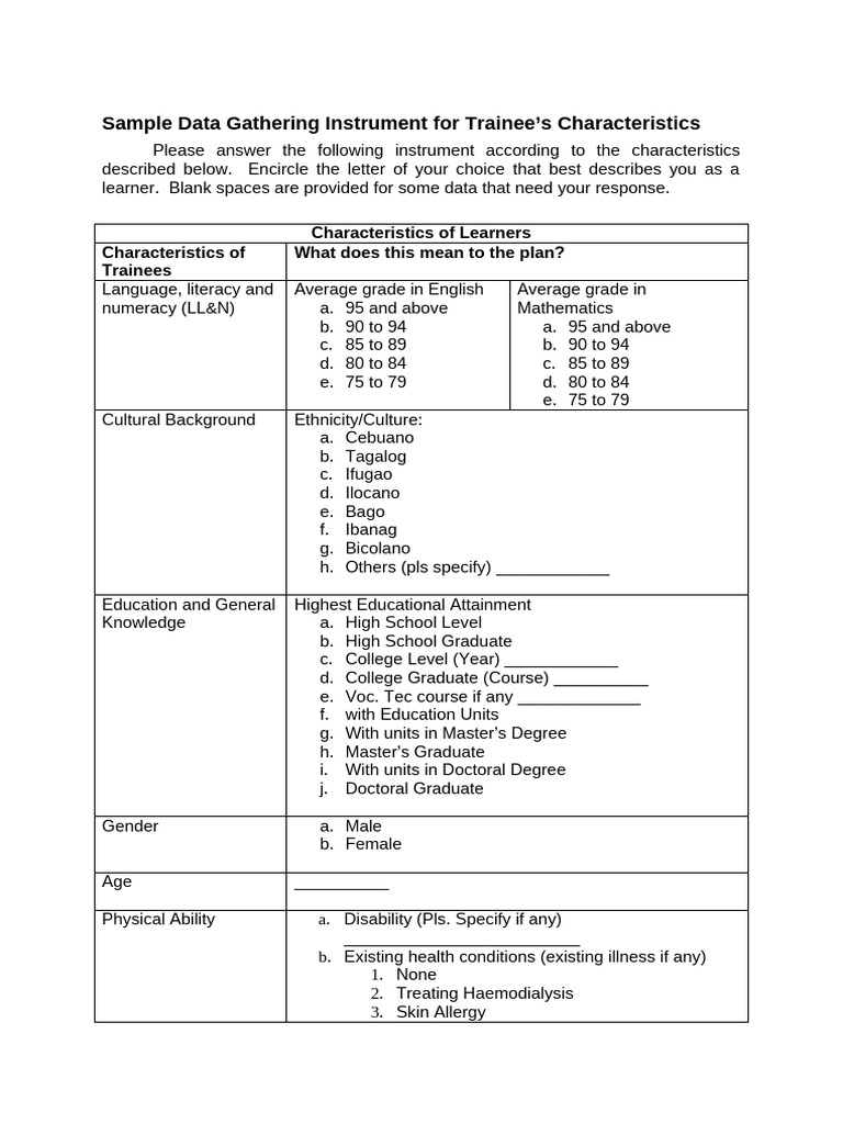Pts-Data Gathering Tool For Trainees Characteristics | PDF | Learning ...