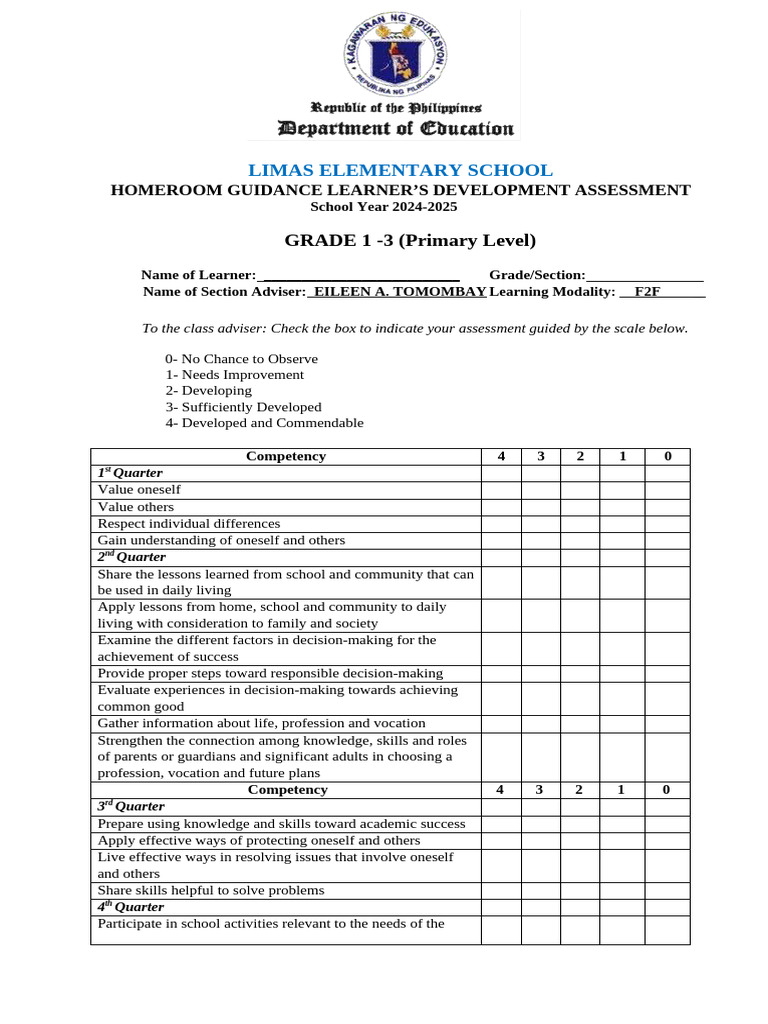 HOMEROOM GUIDANCE LEARNERS DEVELOPMENT ASSESSMENT Grade 1 3 Deped ...