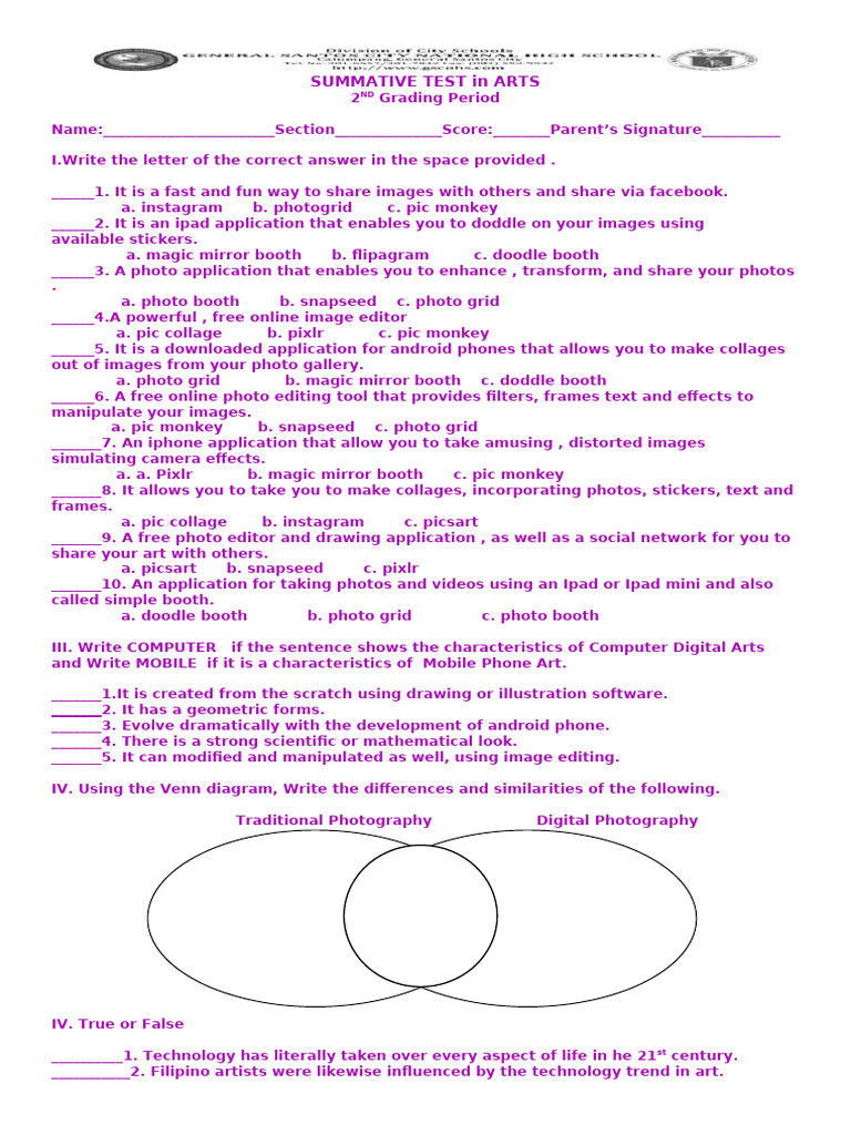 2ND SUMMATIVE TEST in ARTS 10 | PDF | Digital Photography | Image Editing