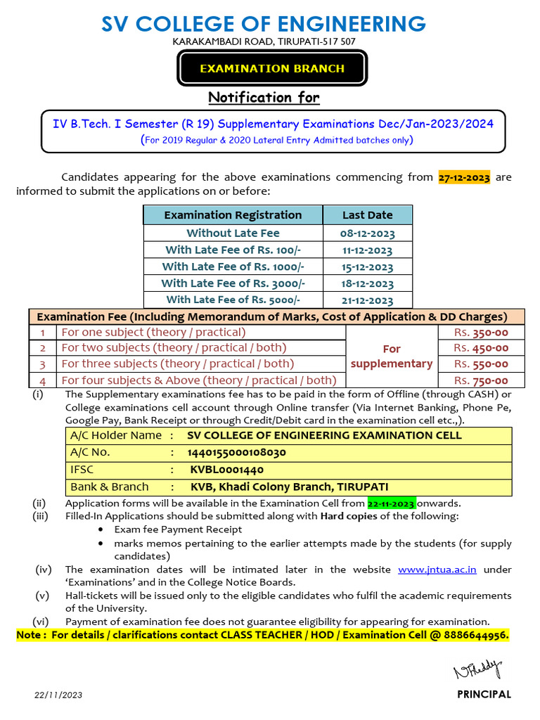 B.Tech IV-I R19 Supply Exams Dec-Jan-2023-2024 Exam Fee Notifications | PDF | Fee | Banking ...