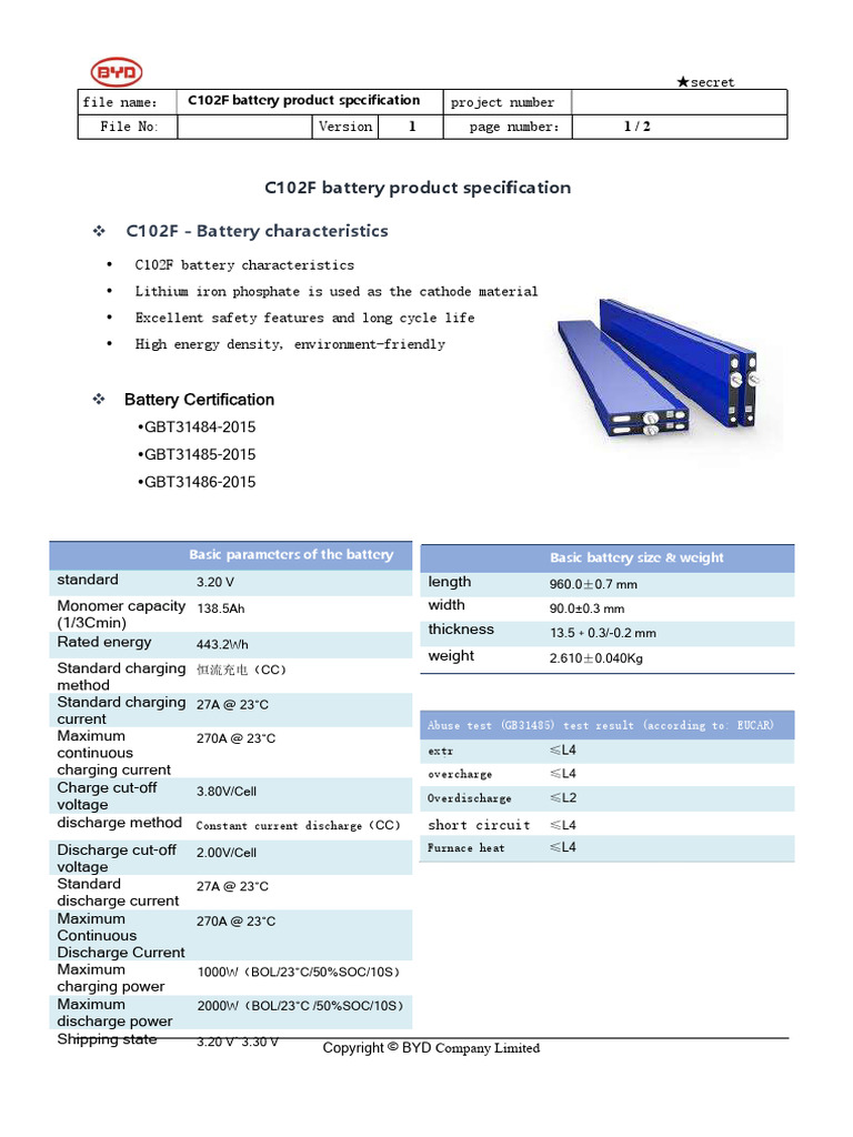 BYD - 比亚迪刀片 138ah TECHNICAL - DATA - SHEET - 1.0 | PDF