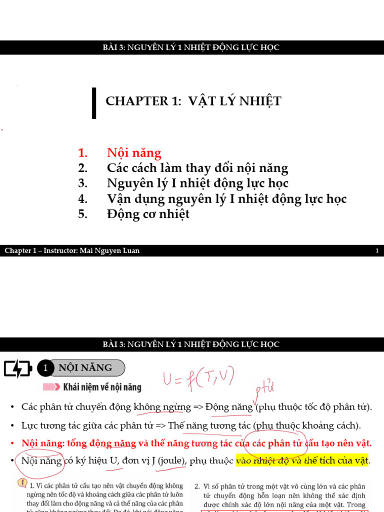 Vat Ly Chuong 1 Vat Ly Nhiet Chu de 3 Noi Nang Nguyen Ly 1 Nhiet Dong Luc Hoc-Handout GV | PDF
