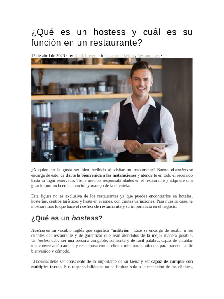 Qué Es Un Hostess y Cuál Es Su Función en Un Restaurante | PDF