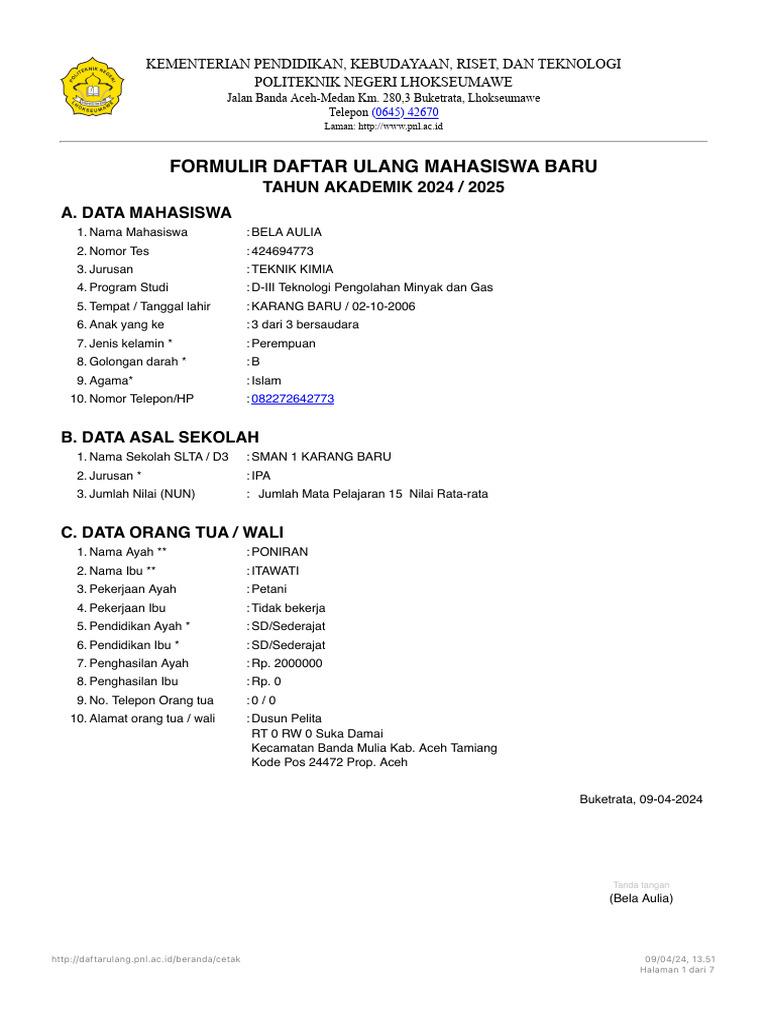 Daftar Ulang Poltek | PDF