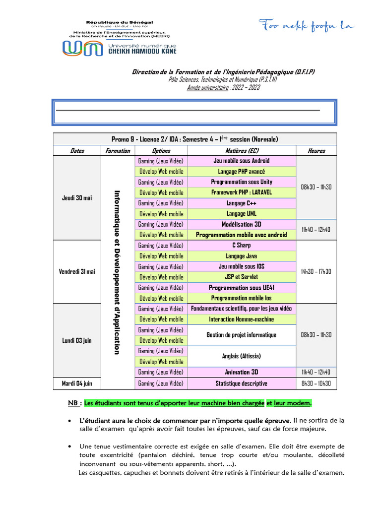 PSTN - Promo 9 L2 Sem.4 IDA - Calendrier Des Examens Du Sem.4 (Session ...