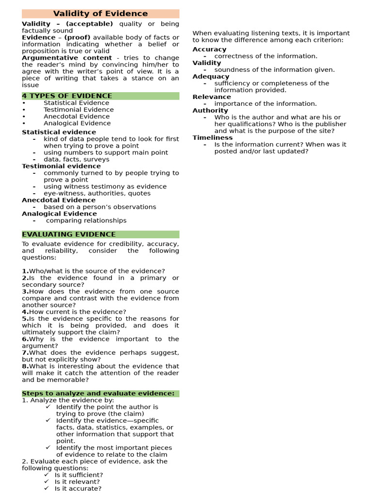 Validity of Evidence Notes | PDF