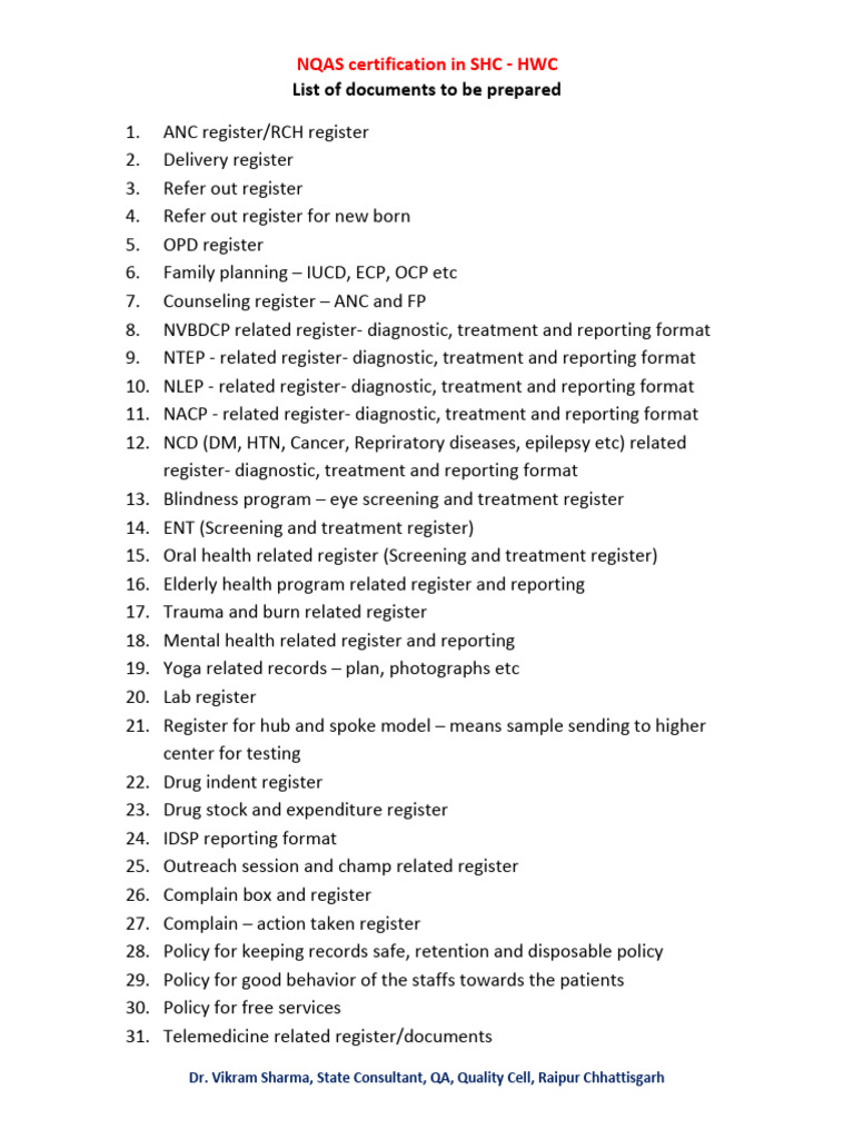 HWC NQAS Documents List | PDF