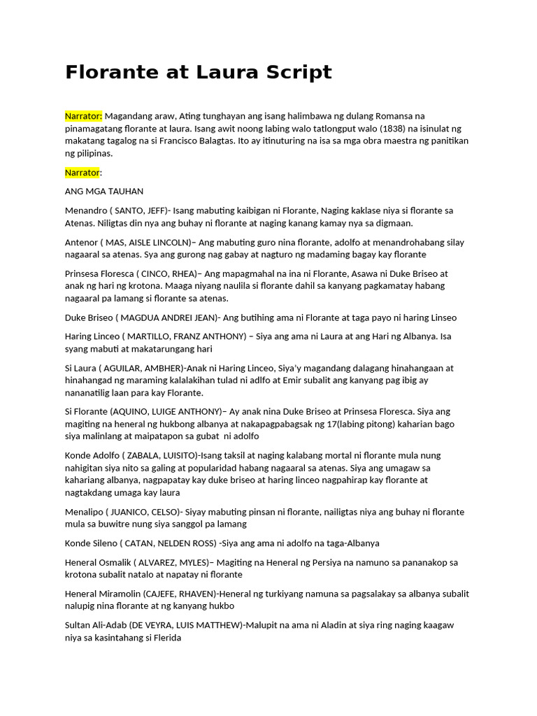 Florante at Laura Script | PDF