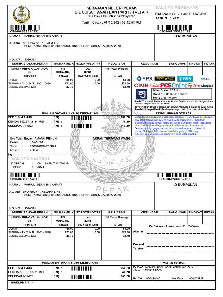 Salinan Pembayar: Kerajaan Negeri Perak Bil Cukai Tanah Dan Parit ...