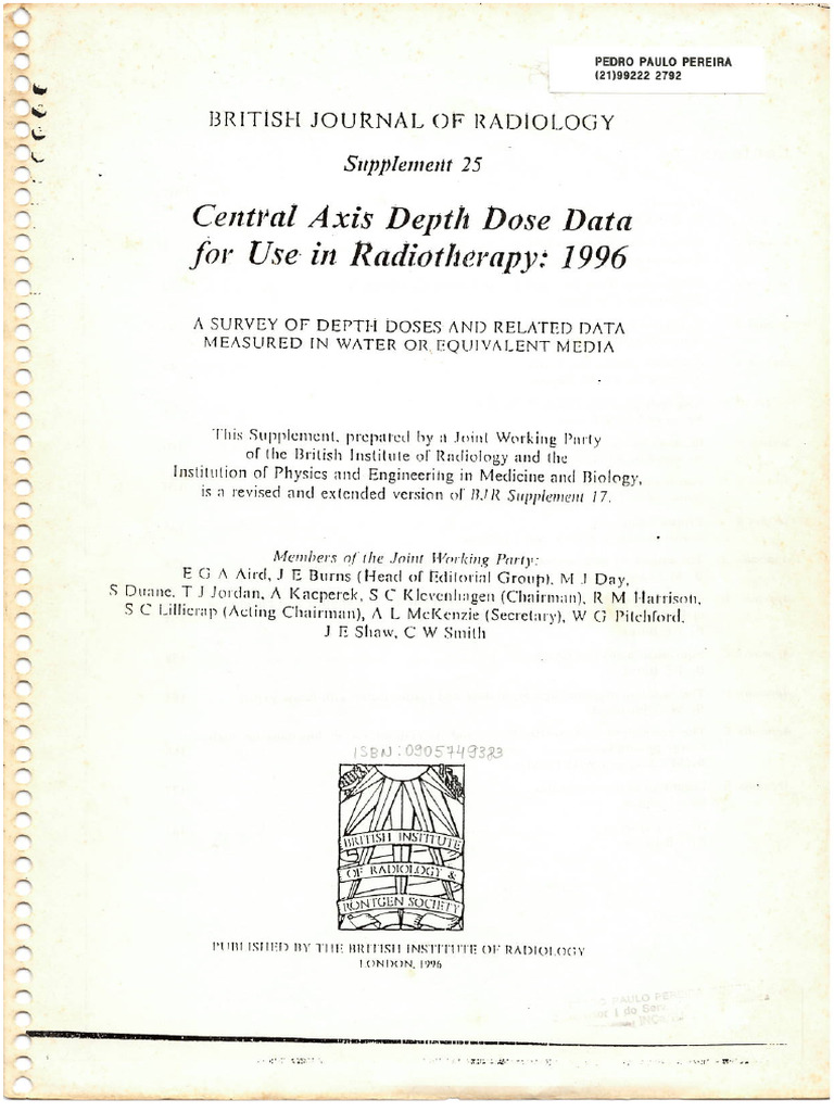 BJR Sup #25 Central Axis Depth Dose Data for Use in Radiotherapy 1996 ...