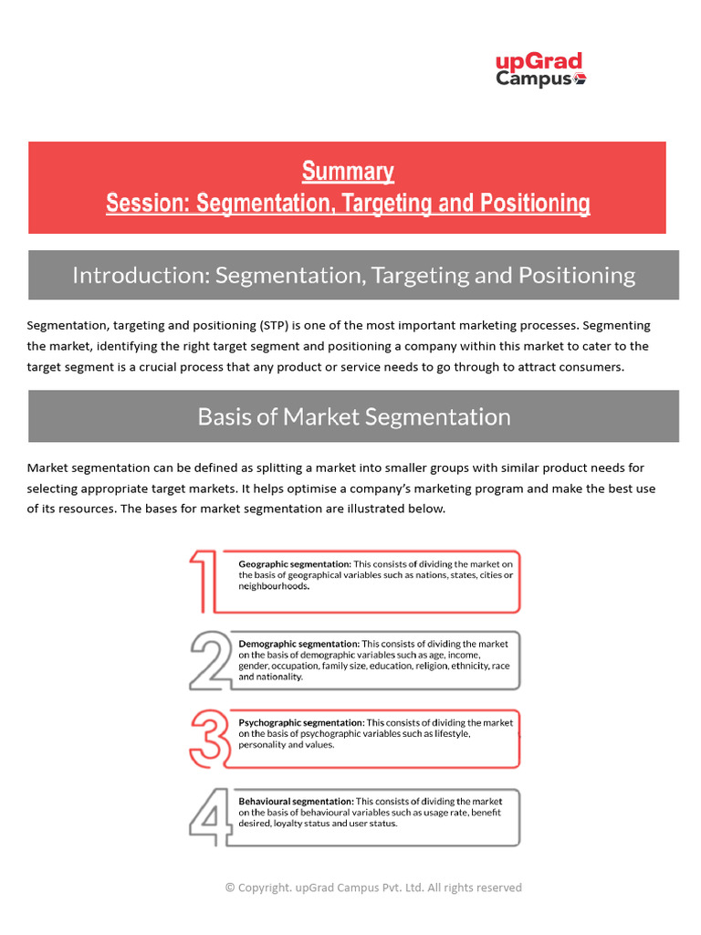 Summary - Segmentation, Targeting and Positioning | PDF | Marketing ...