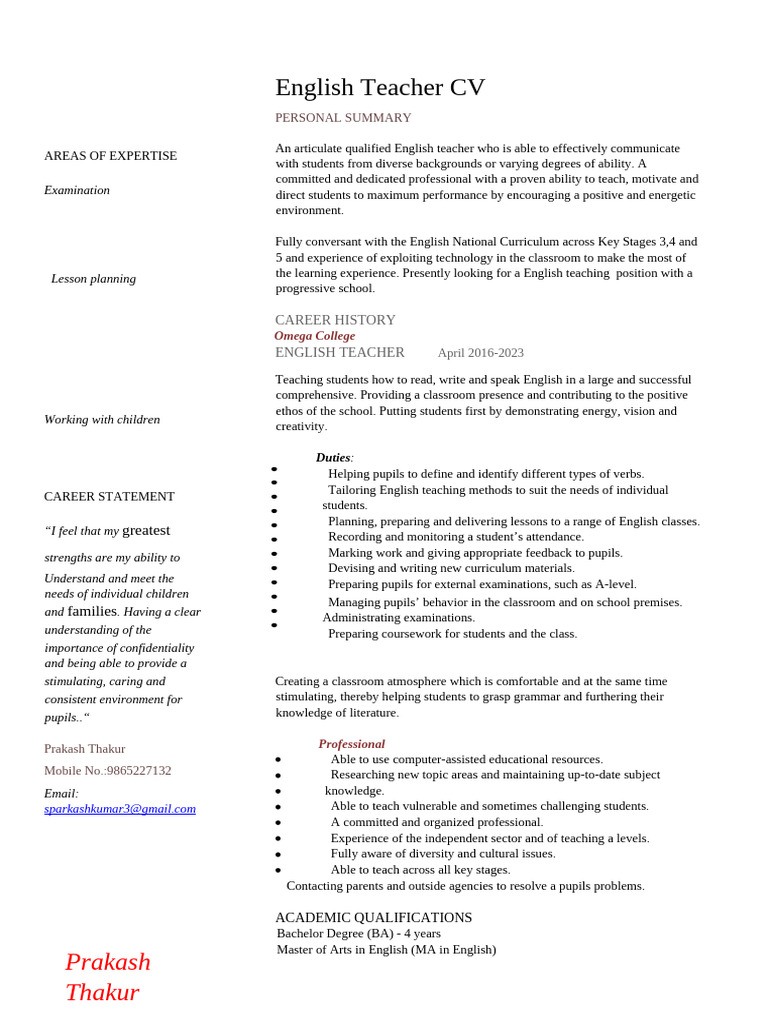 English Teacher CV: Prakash Thakur | PDF
