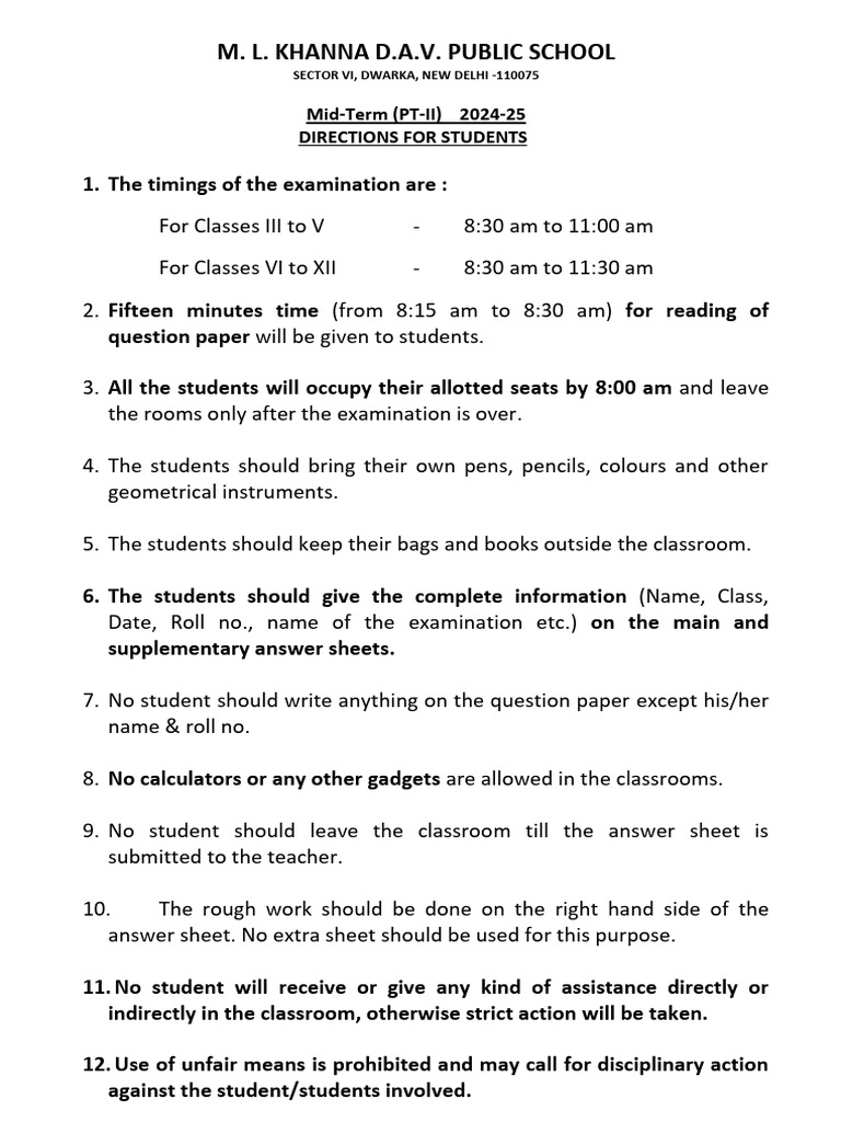 Directions For Students Mid-Term 2024-25 | PDF