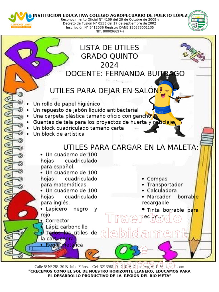 Lista de Utiles Grado Quinto Casallas | PDF