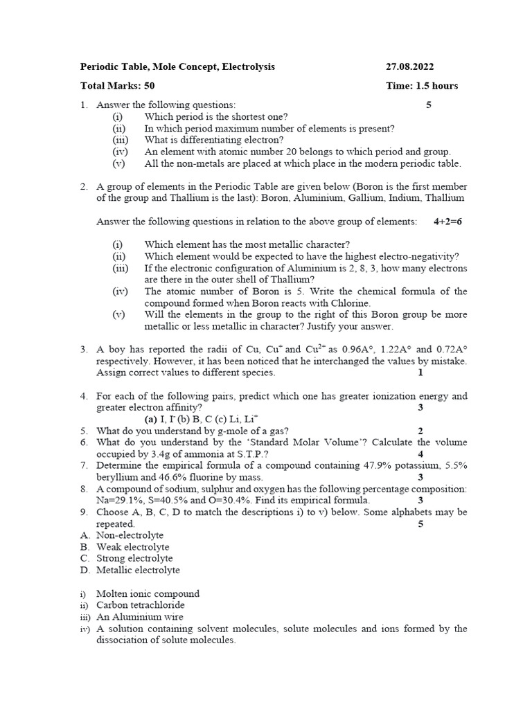 CL10 ICSE Mole Periodic Tab Electro Q Paper | PDF