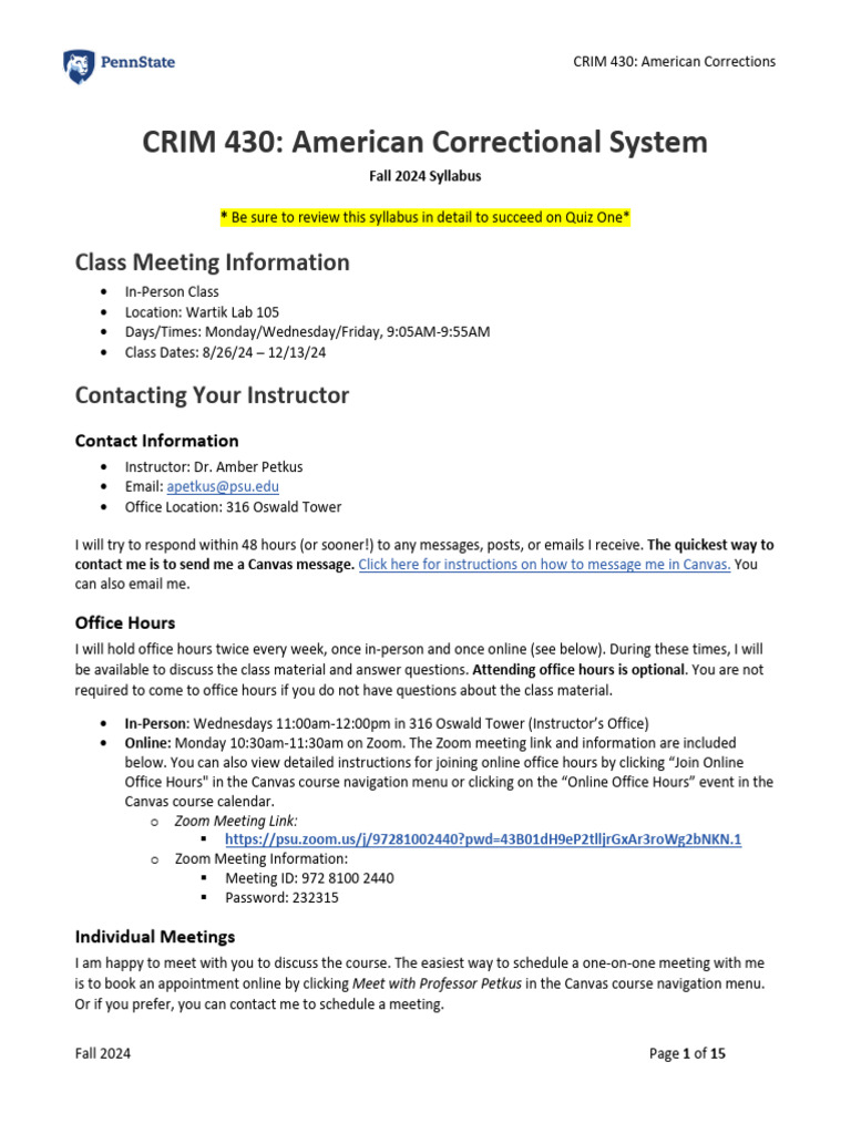CRIM 430 Fall 2024 Syllabus | PDF