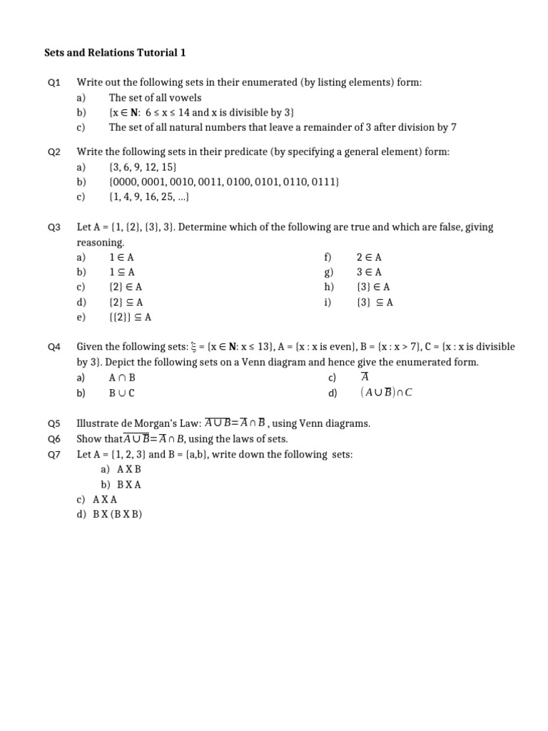 Sets and Relations Tutorial 1 | PDF