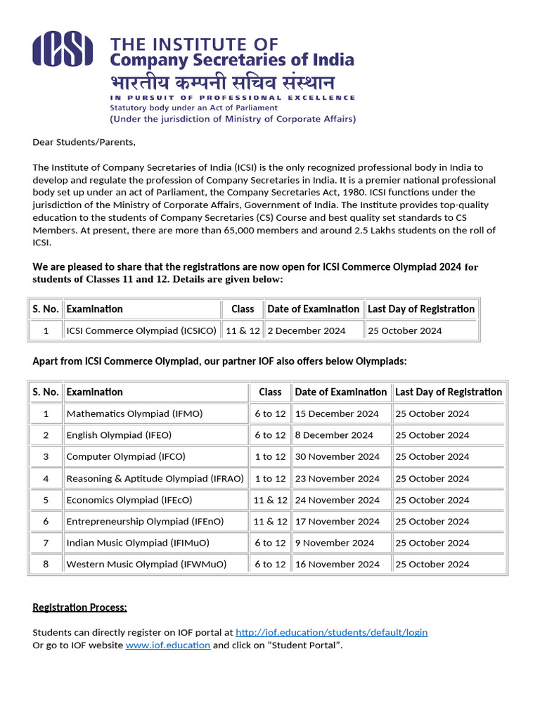ICSI Circular-Online Registration | PDF
