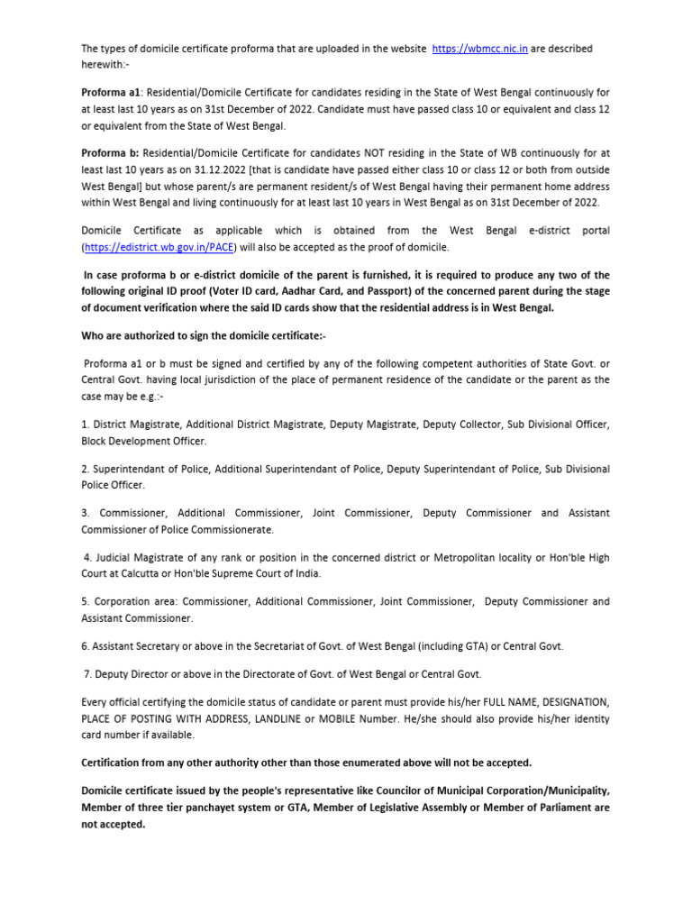 WB PG Domicile Certificate Proforma | PDF
