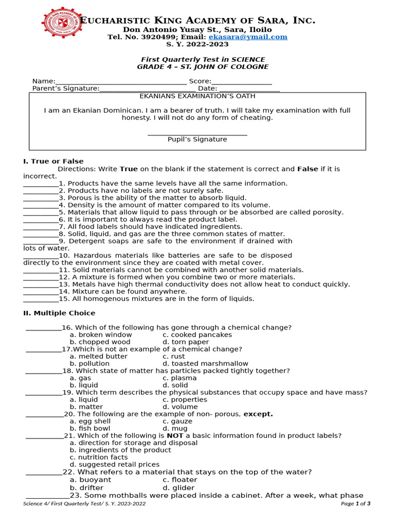 Grade 4 Science First Quarterly Test | PDF