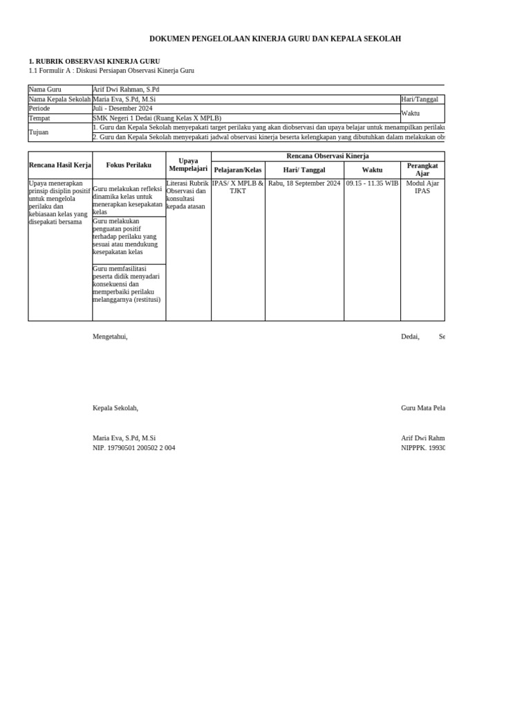 Form Observasi Guru dah isi | PDF